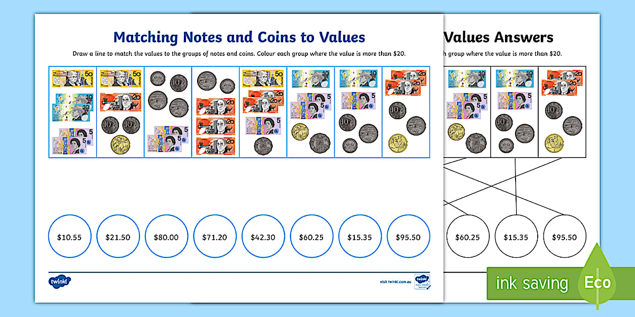 TAS Matching Notes and Coins to Values Activity - Twinkl