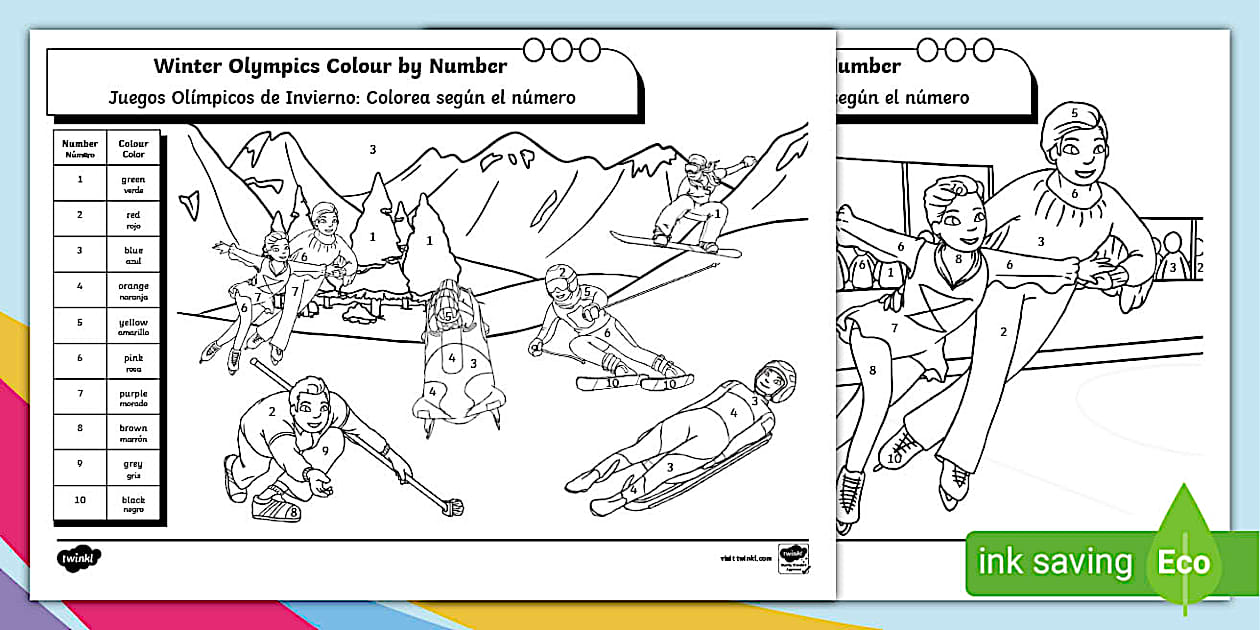 KS1 Winter Olympics Colour by Number Colouring Pages English/Spanish