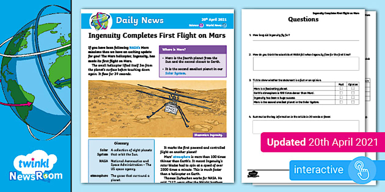 News Story for Children 7-9: Ingenuity Takes Flight - Twinkl