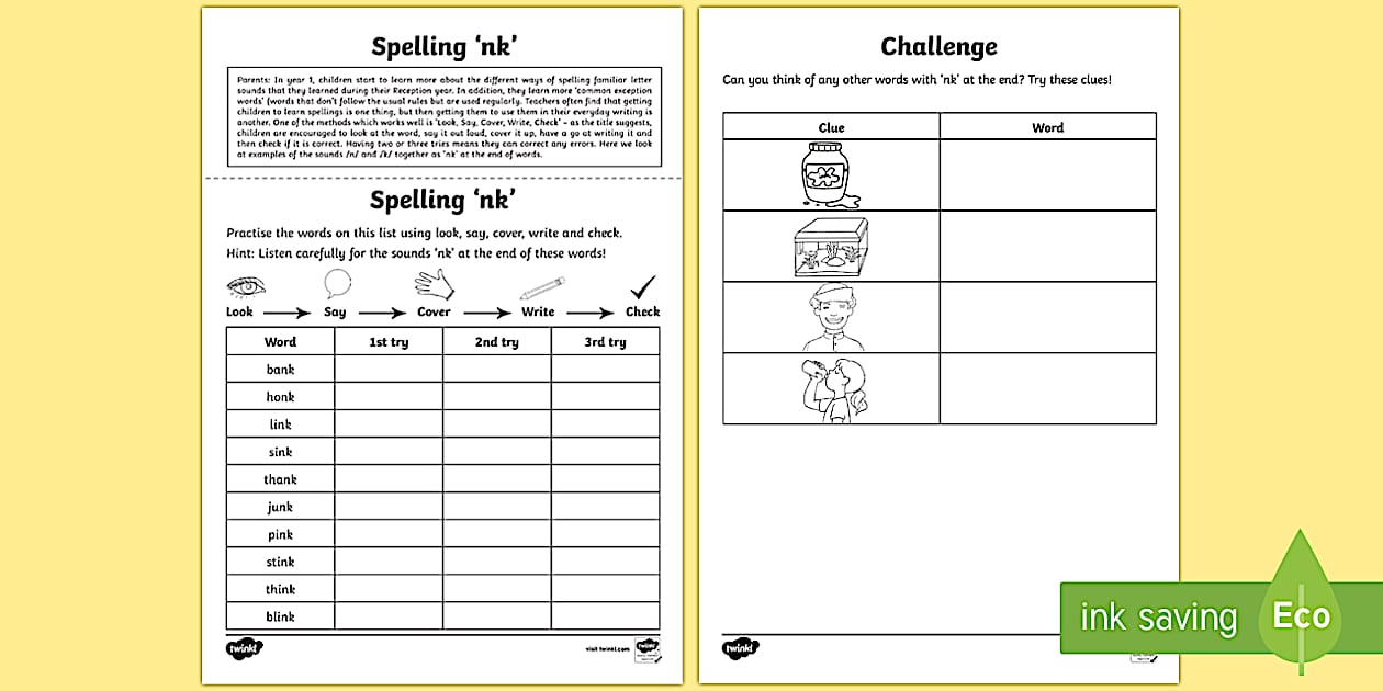 Spelling Activity Sheet: 'nk' Word Endings Ages 5 - 6
