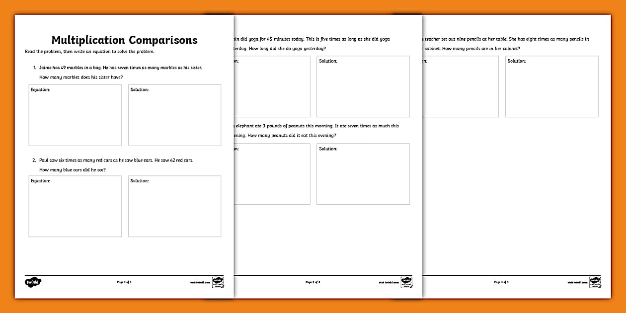 Multiplication Comparison Word Problems Worksheet for 3rd-5th Grade