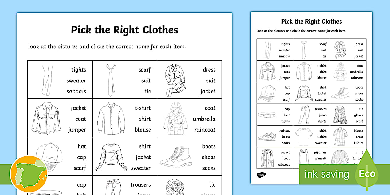 Editable A2 Ficha de actividad: Elige la ropa correcta en inglés