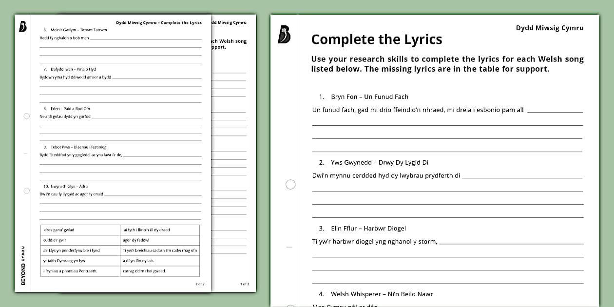 Dydd Miwsig Cymru: Complete The Song Lyrics (Teacher-Made)