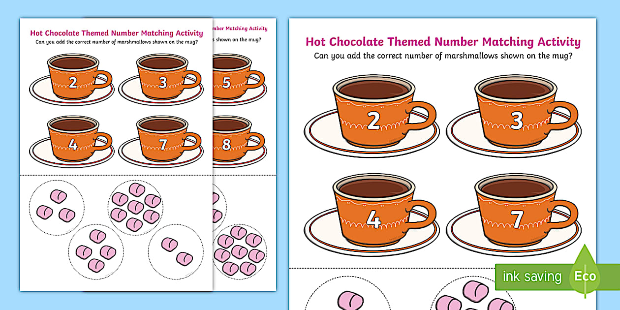 Hot Chocolate Themed 1 to 10 Number Cut and Stick Matching Activity