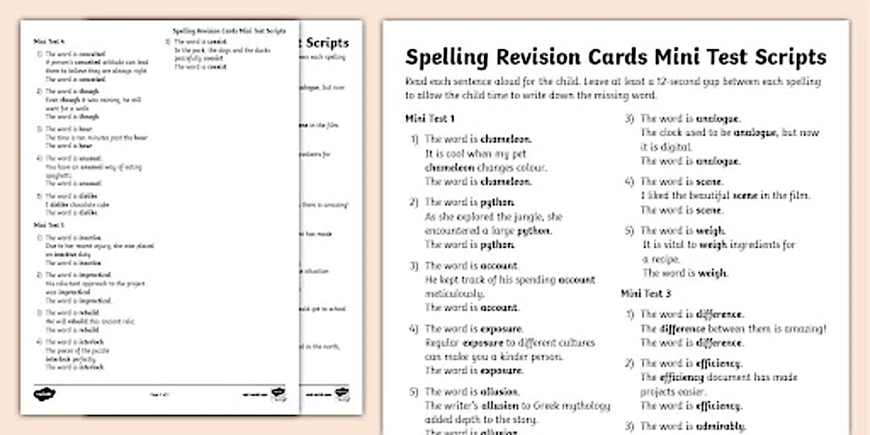 Study Squad SATs Spelling Revision Cards Mini Test Scripts