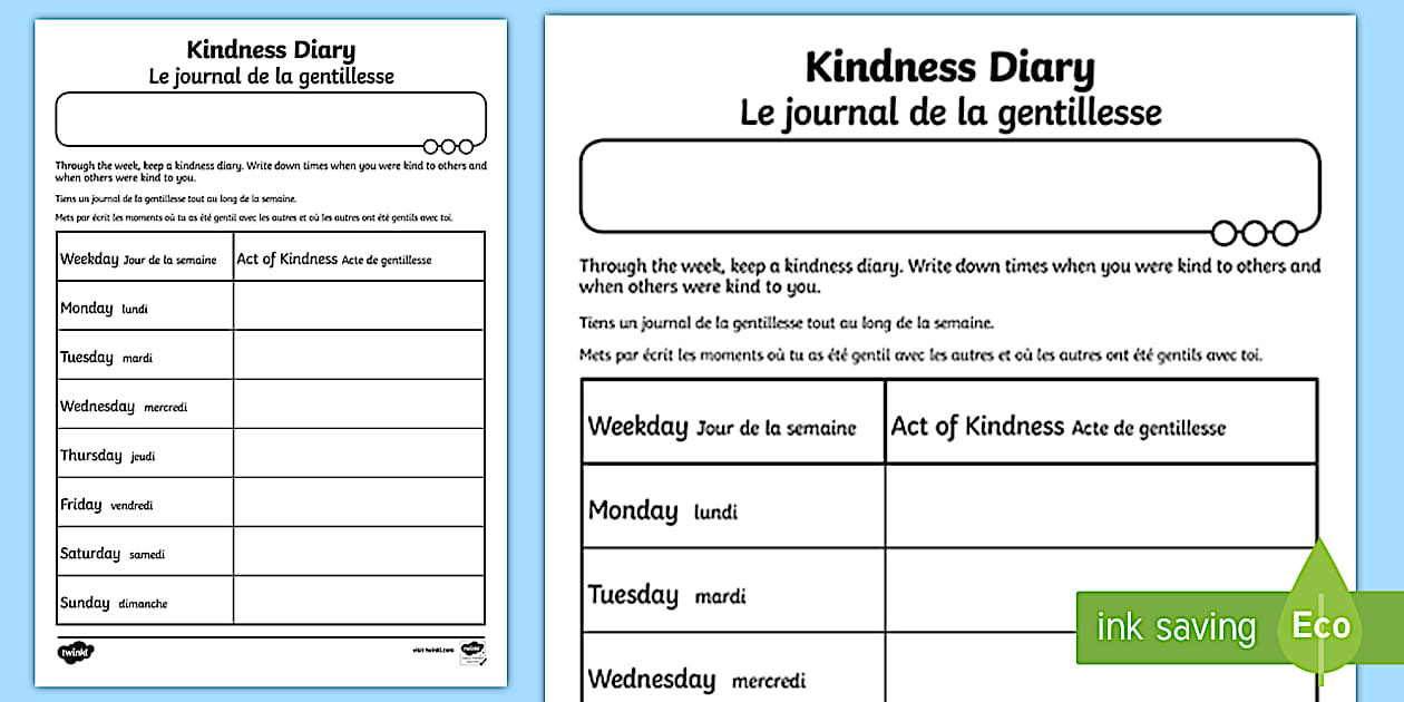 Kindness Diary Worksheet / Worksheet English/French - Twinkl
