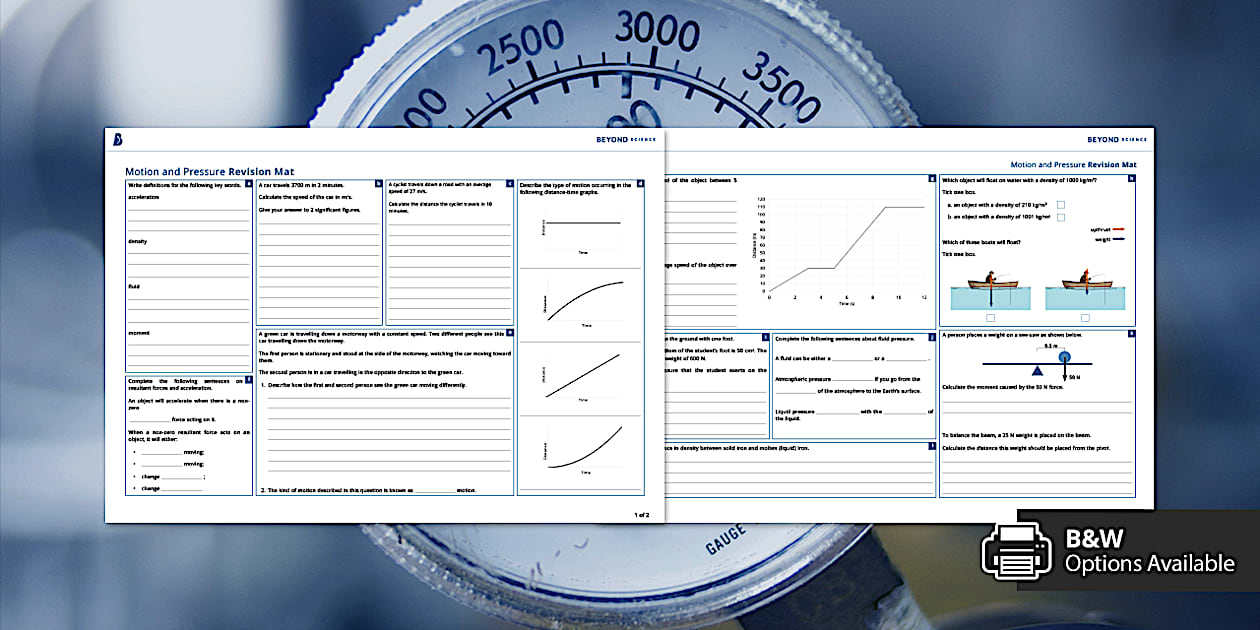 KS3 Motion and Pressure Revision Mat Higher - Twinkl