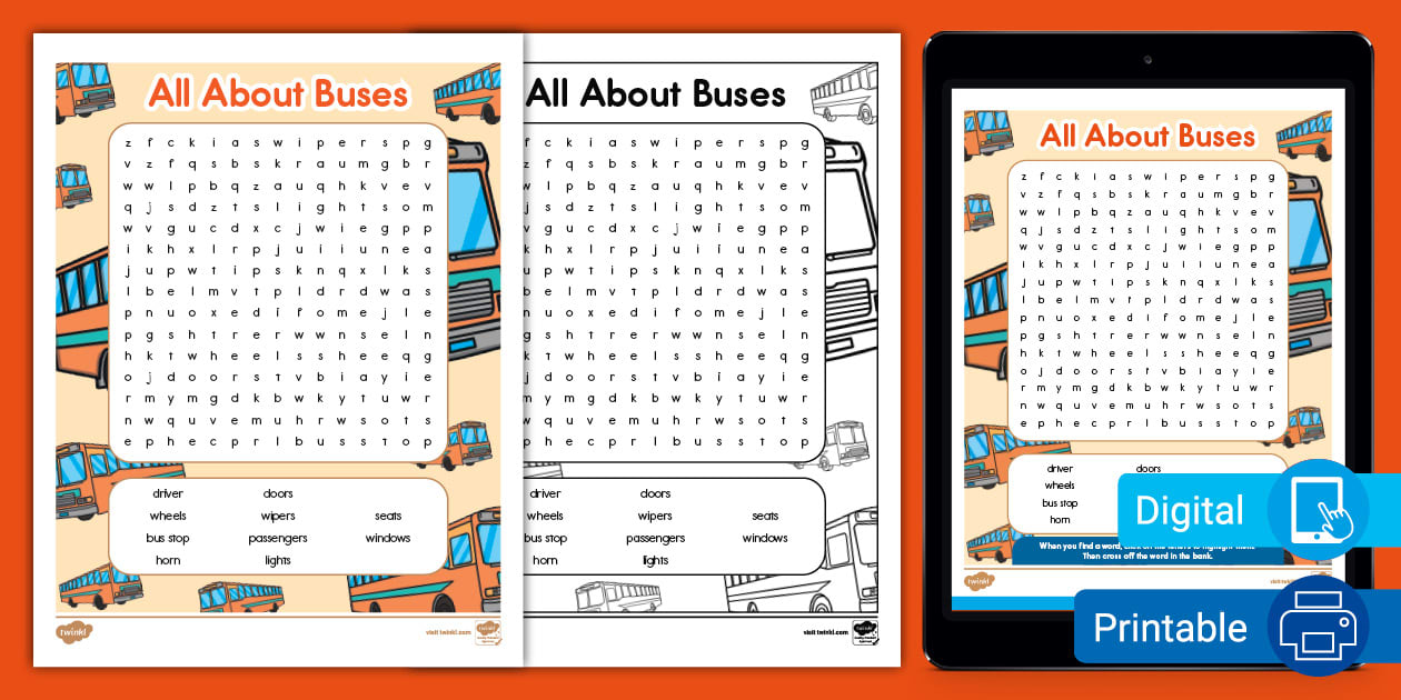All About Buses Word Search for K-2nd Grade (teacher made)