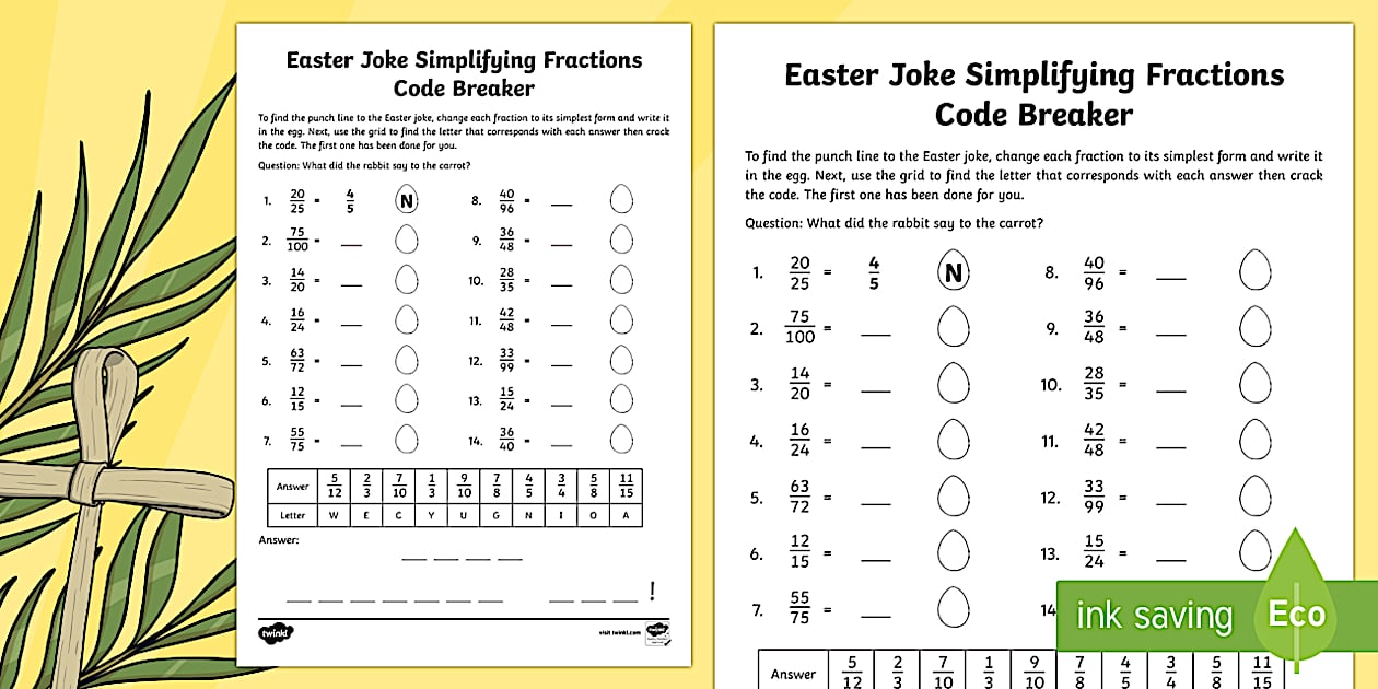 Easter Joke Simplifying Fractions Code Breaker Worksheet