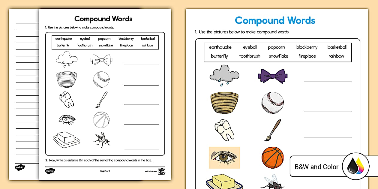 Black and White Compound Words Activity Worksheet - Twinkl