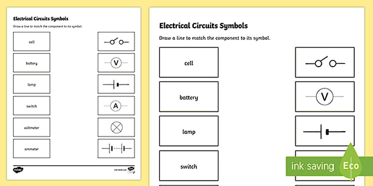 Electrical Circuits Symbols Matching Worksheet for 3rd-5th Grade