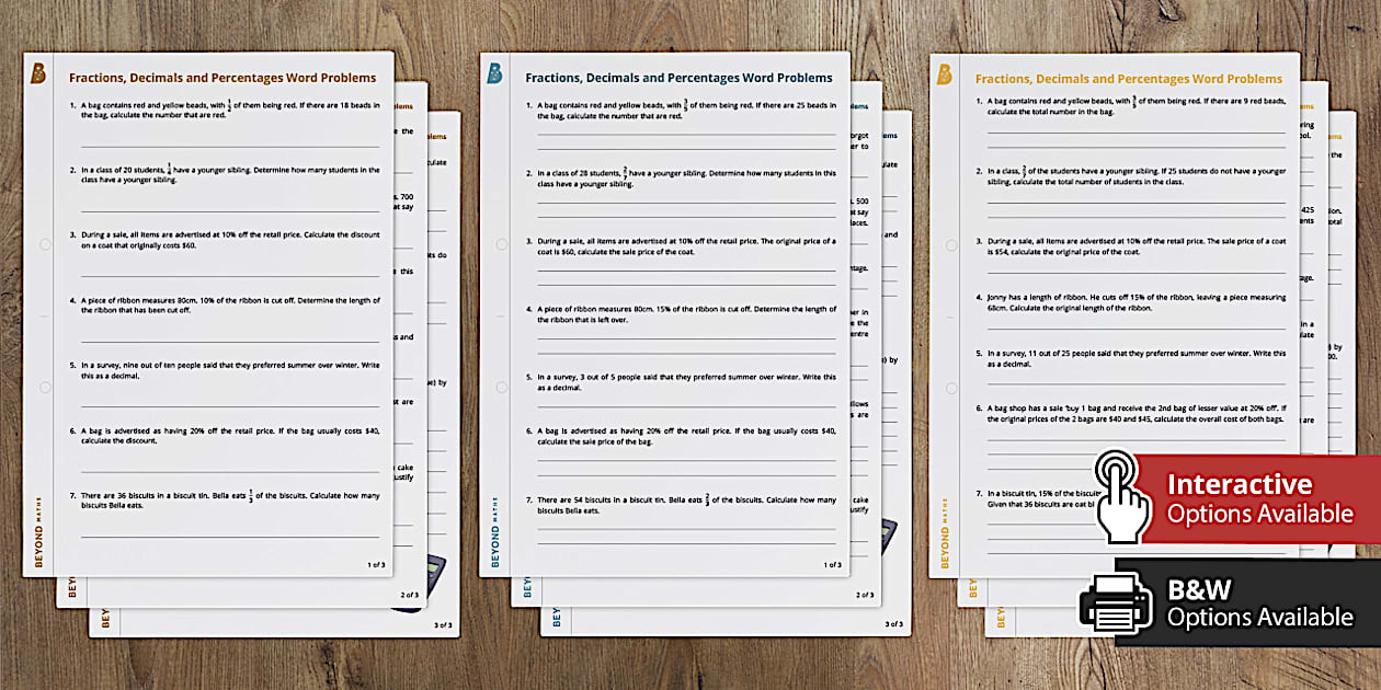 Fractions, Decimals and Percentages Word Problems - Twinkl