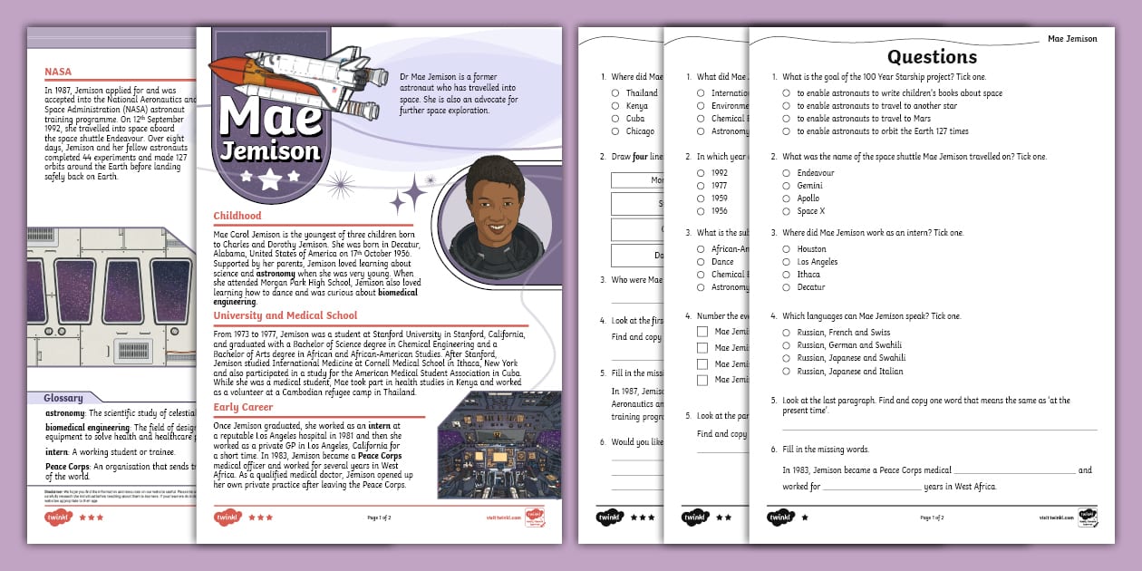 LKS2 Mae Jemison Differentiated Comprehension Activity