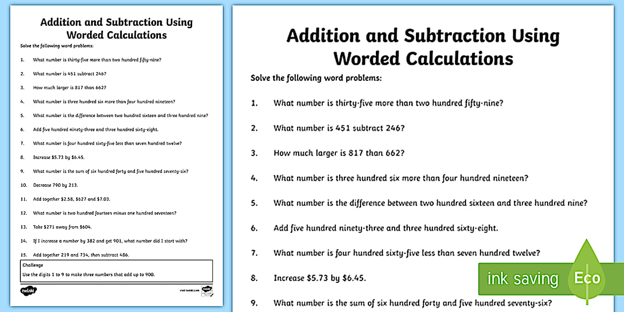 Addition and Subtraction Using Worded Calculations Grade 3 Question ...