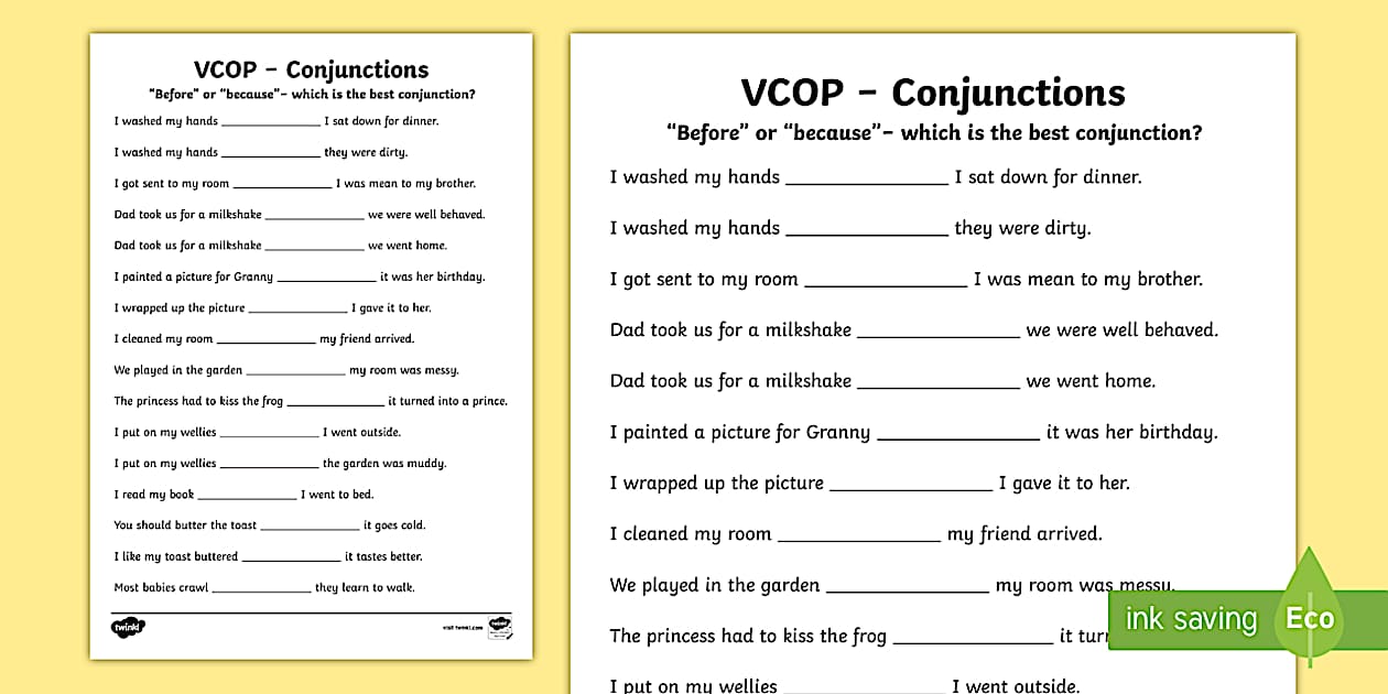 'Before' and 'Because' Conjunctions Worksheet / Worksheet