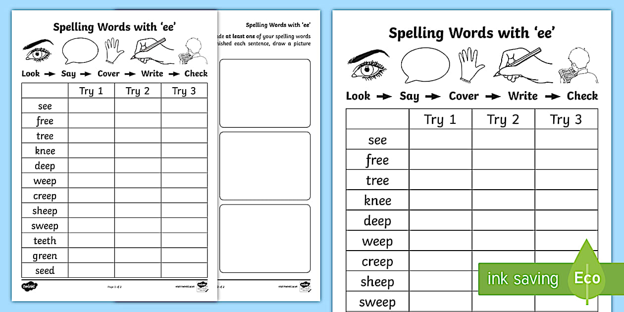'ee' Spelling List Worksheets (teacher made) - Twinkl