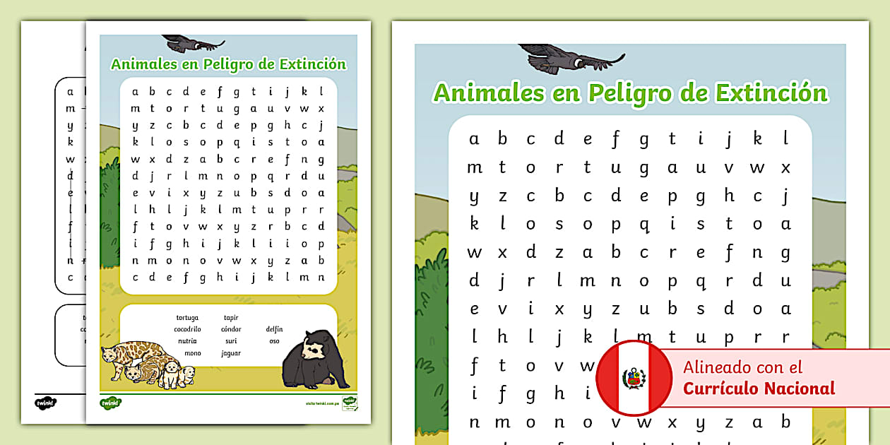Sopa de letras de Animales del Perú en Peligro de Extinción para ...