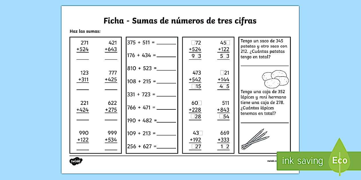 Suma de tres cifras con llevadas en PDF - Twinkl