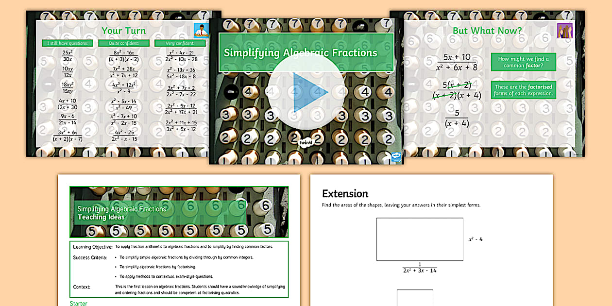 Simplifying Algebraic Fractions Worksheet Pack - Twinkl
