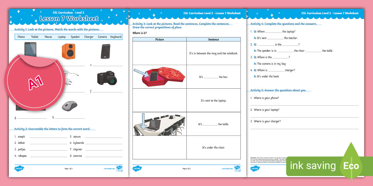 ESL Curriculum Level 2, Lesson 7 Worksheet (teacher made)