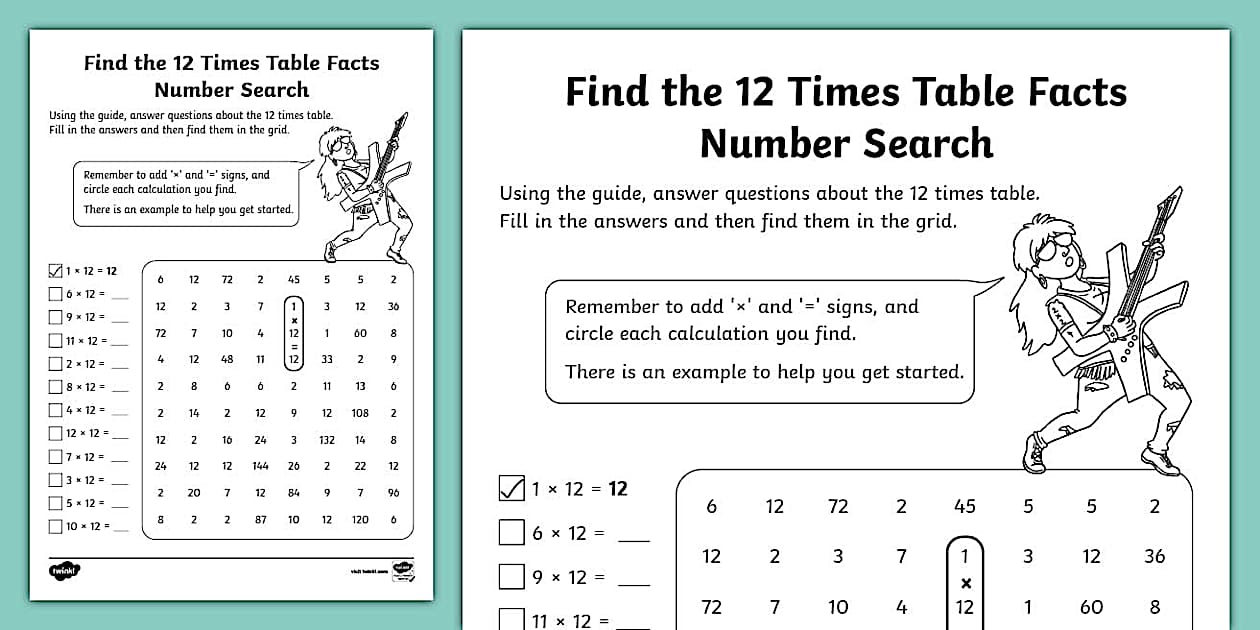 Find the 12 Times Table Facts Number Search Activity Sheet