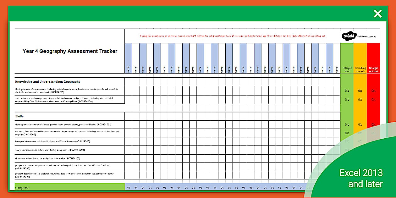 Australian Curriculum Year 4 Geography Assessment Tracker