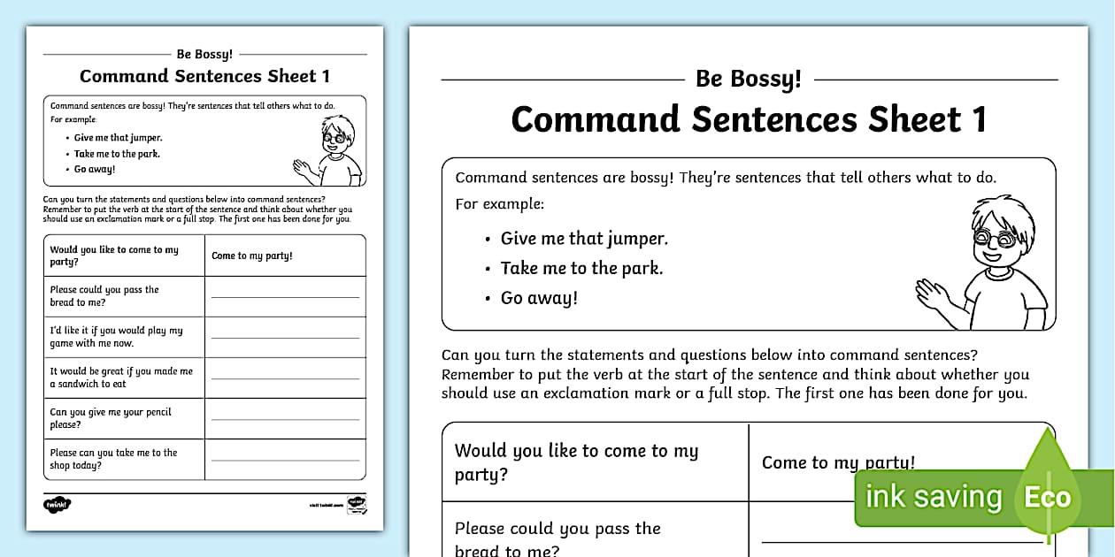Be Bossy! Command/Imperative Sentence Activity Sheet 1 | KS1