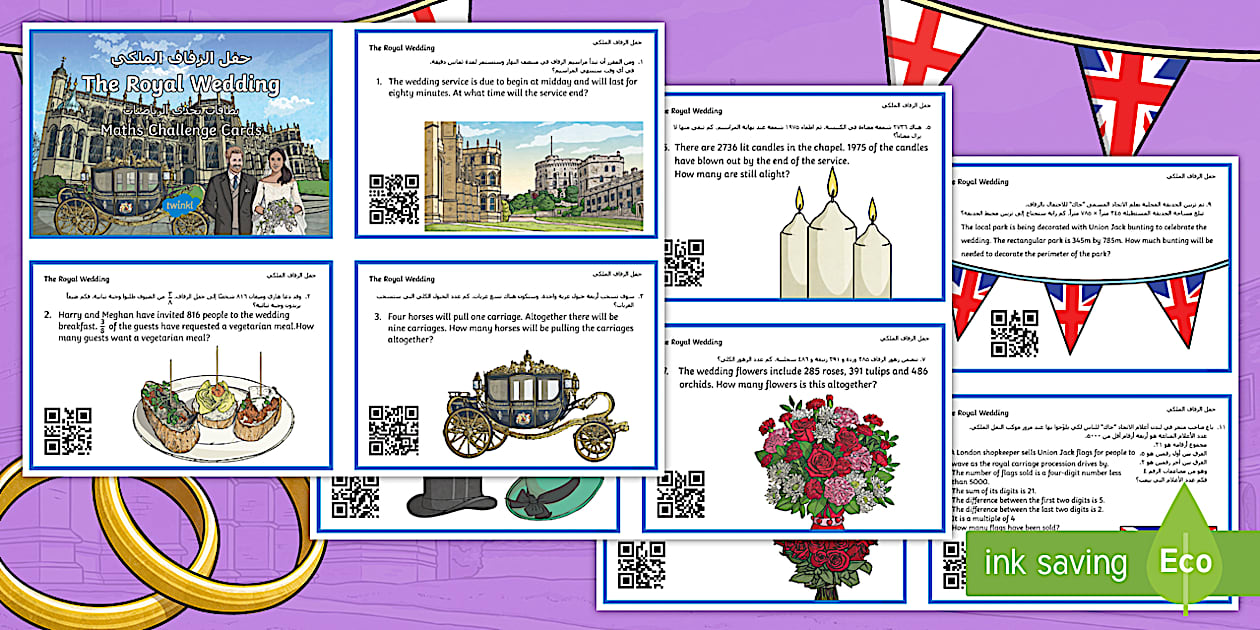 LKS2 Royal Wedding QR Maths Challenge Cards Arabic/English