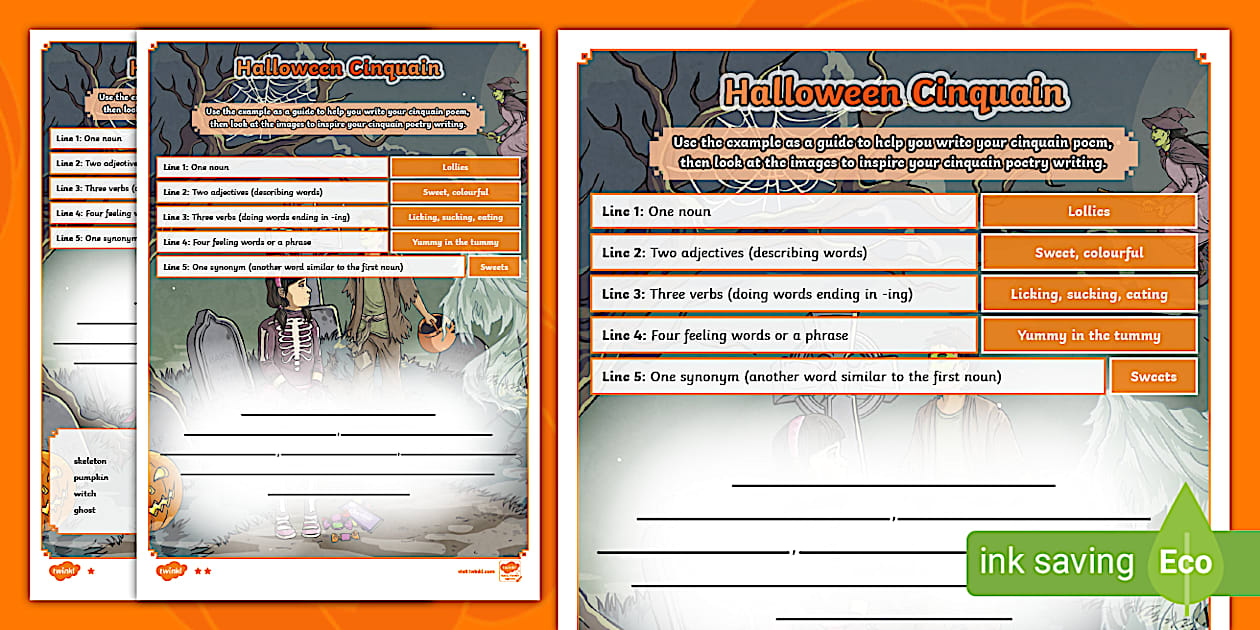 Halloween-Themed Cinquain Poem Activity Sheet - KS2 - Twinkl