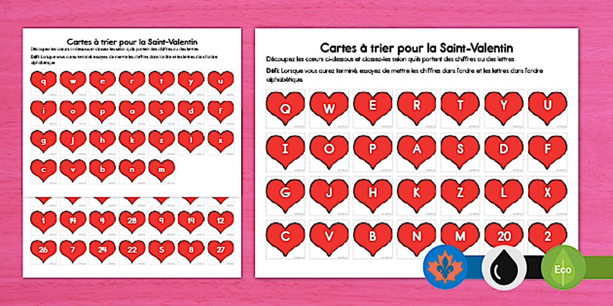 Valentines Day Numbers and Letters Sorting Cards French