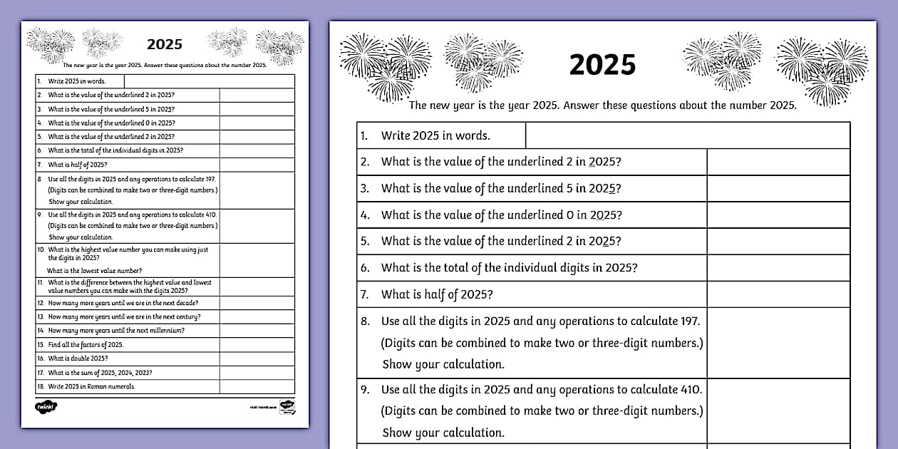 The Year 2025 Number Fact Challenge Worksheet Worksheet