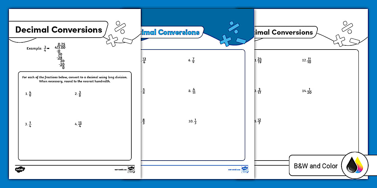 Seventh Grade Decimal Conversion Worksheet (teacher made)