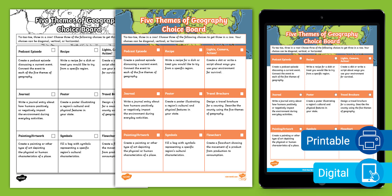 Five Themes of Geography Choice Board for 6th-8th Grade