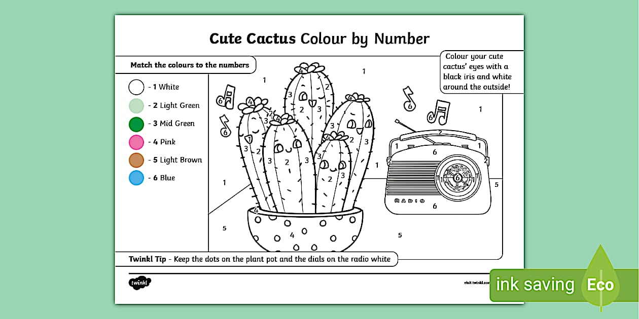 Cute Cactus Colour by Number Activity|Twinkl Colour Activity