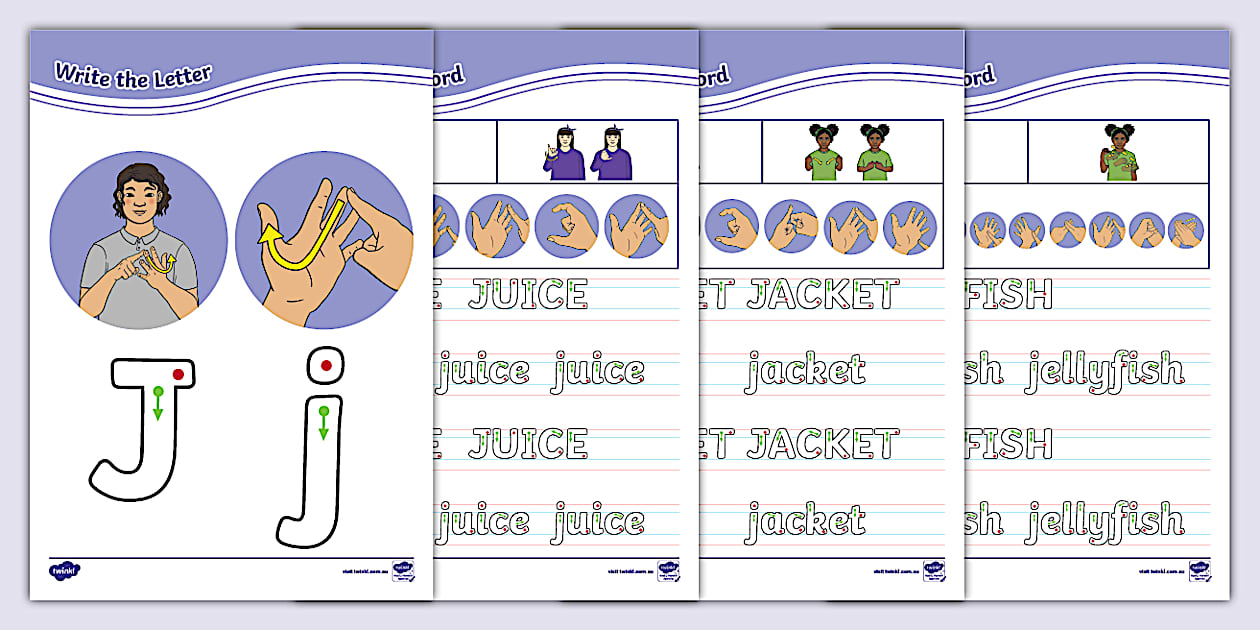 Words Starting with J Handwriting Worksheets with Auslan