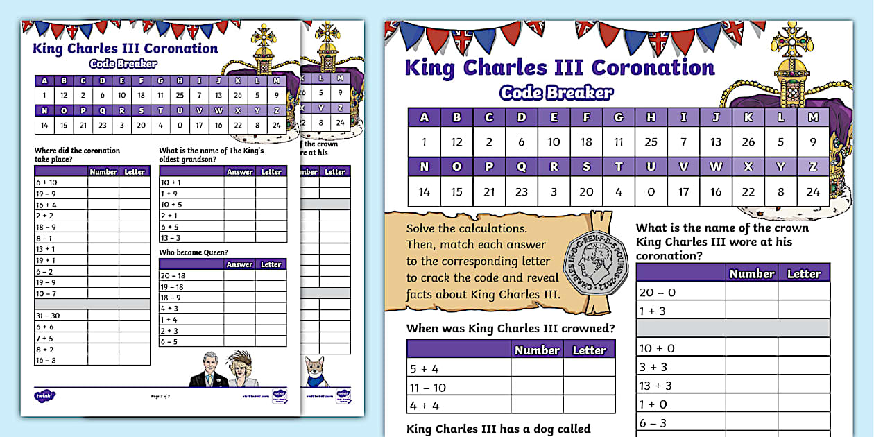 👉 Y1 King Charles III Coronation Maths Code Breaker