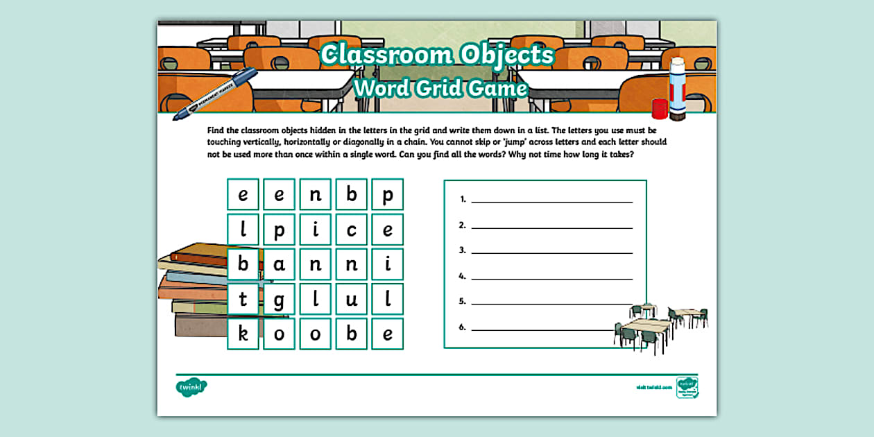Word Grid Vocabulary Game for Learners of EAL: Classroom Objects
