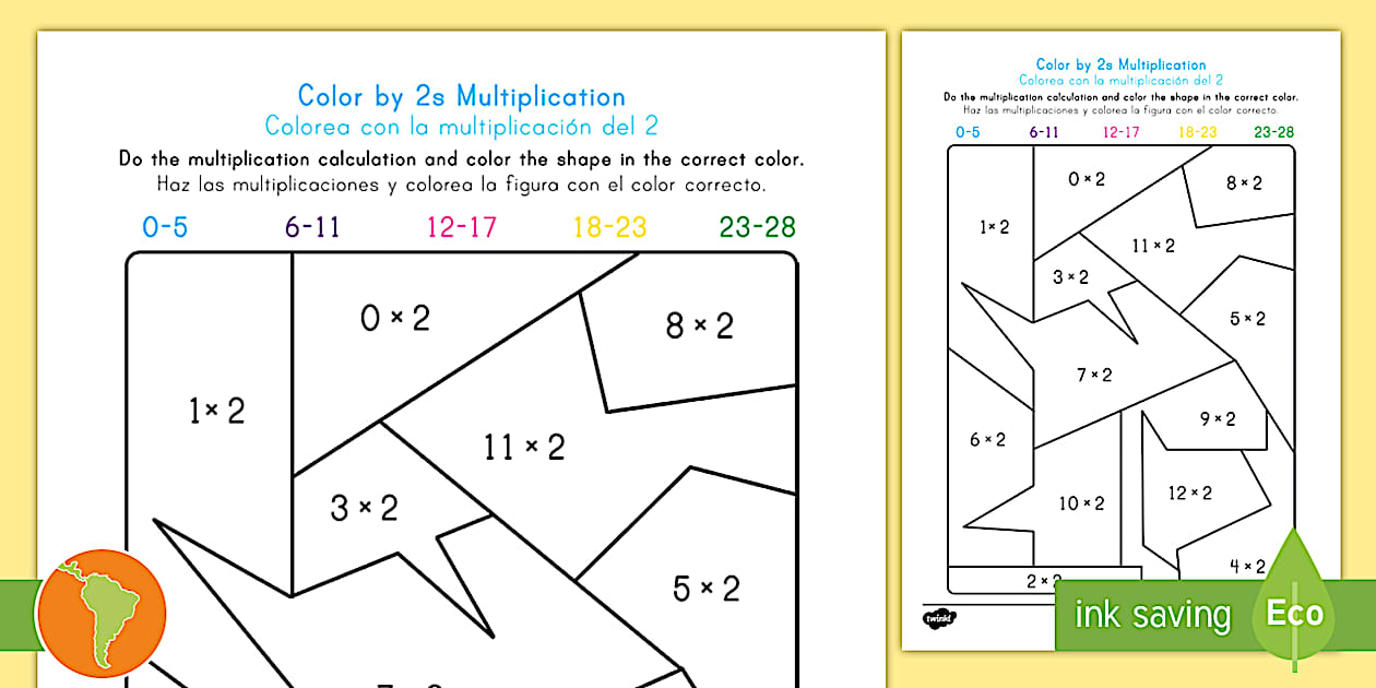Color by 2s Multiplication Worksheet / Worksheet - English/Spanish - Inglés