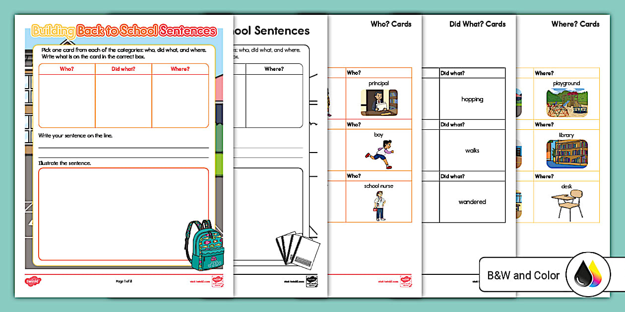 First Grade Building Back to School Sentences Worksheet