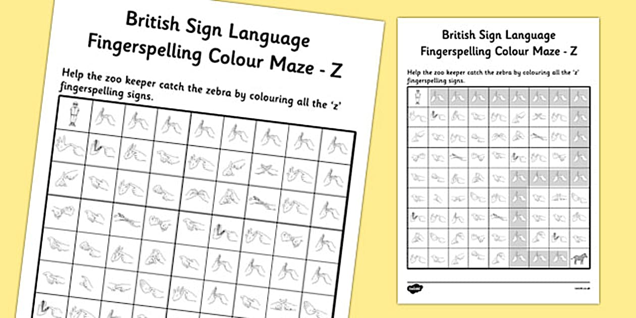 British Sign Language Left Handed Fingerspelling Color Maze Z