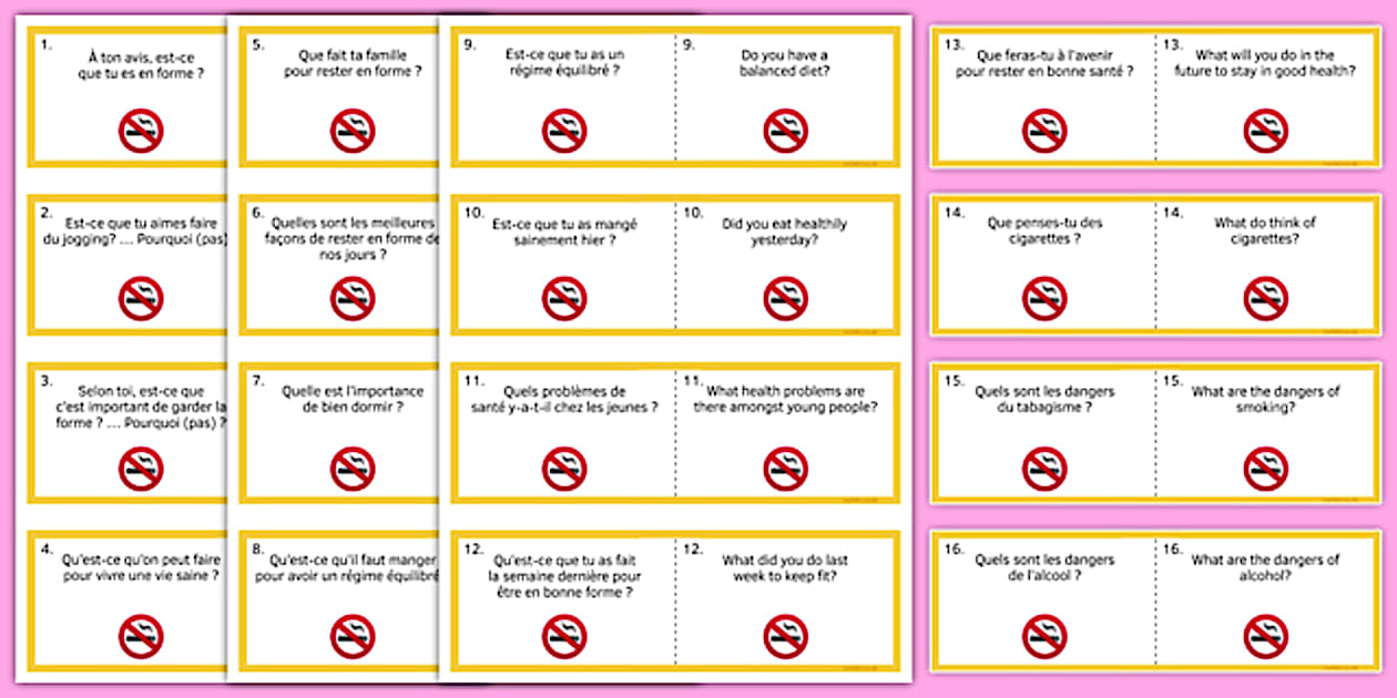 Social Issues Question Cards French- Speaking, translation, Health, Healthy