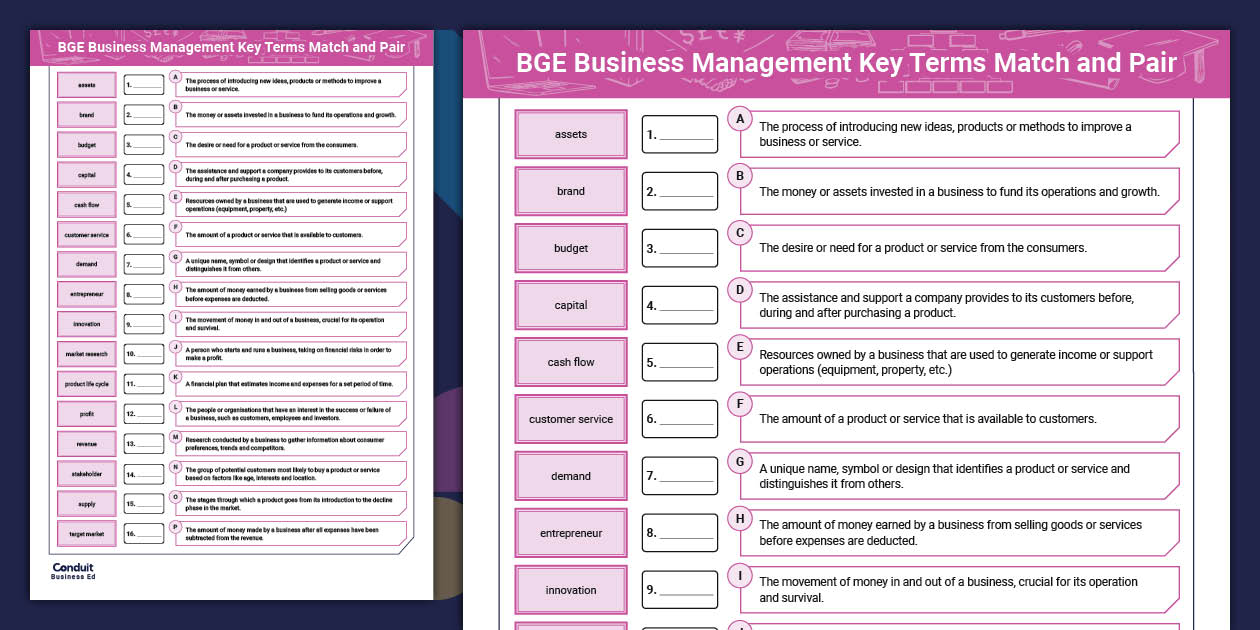 BGE Business Management Key Terms Match and Pair - Twinkl