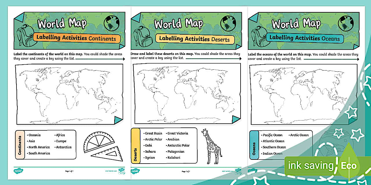 World Map Labelling Activities (Ages 5 - 7) (teacher made)
