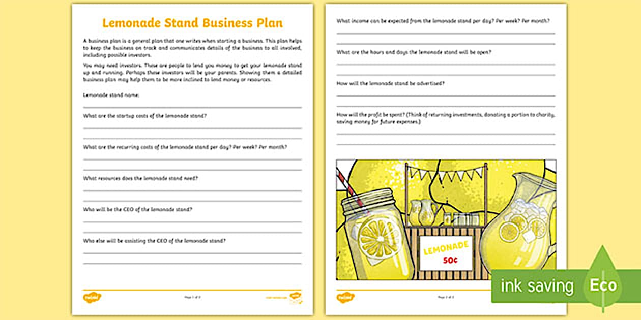Lemonade Stand Business Plan Template | Summer Worksheet