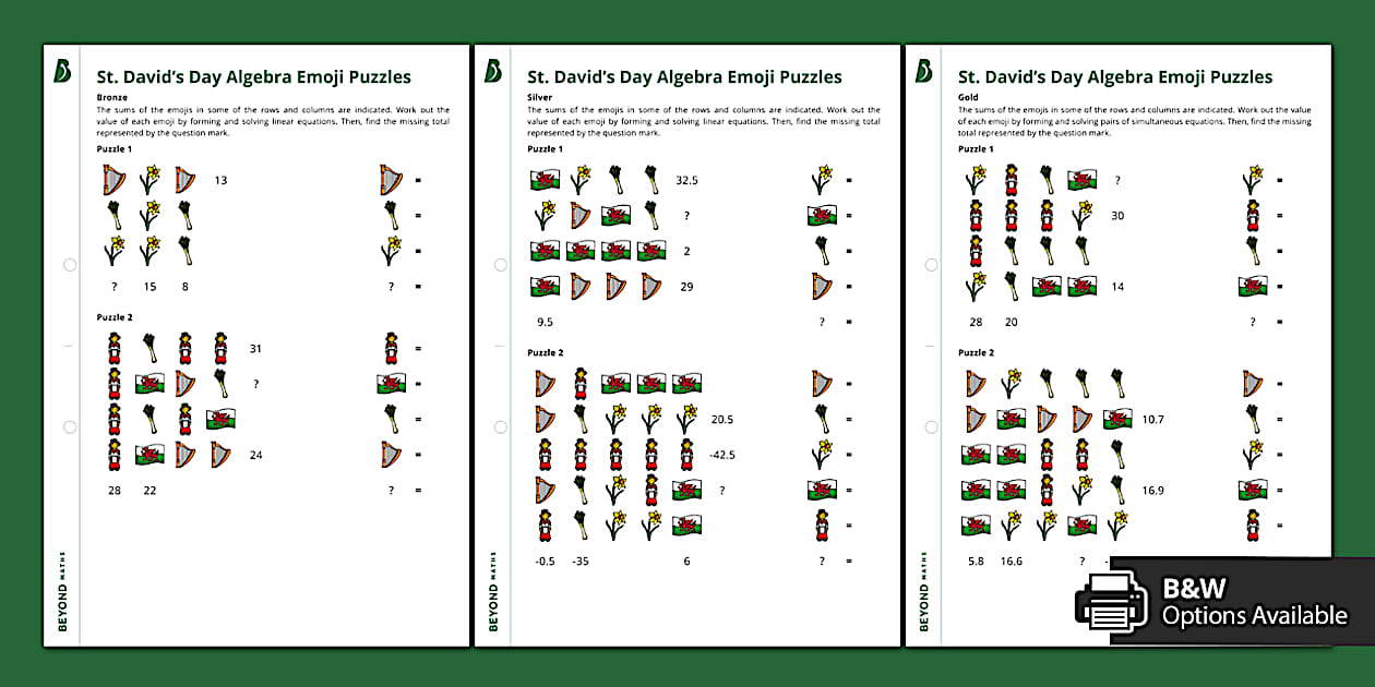 👉 😊 St. David's Day Algebra Emoji Puzzles