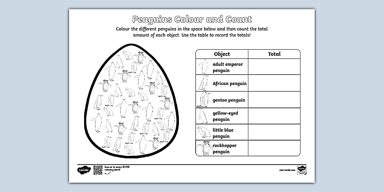 👉 Penguins Colour and Count Worksheet (teacher made)