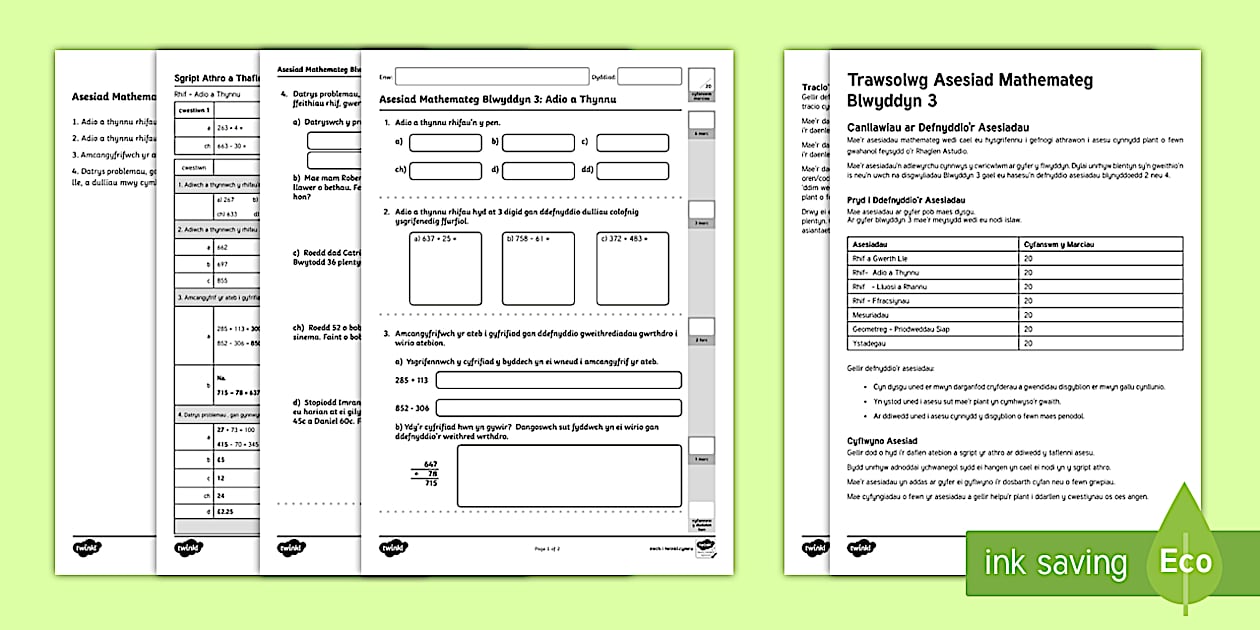Asesiad Mathemateg Adio a Thynnu Blwyddyn 3 - Twinkl
