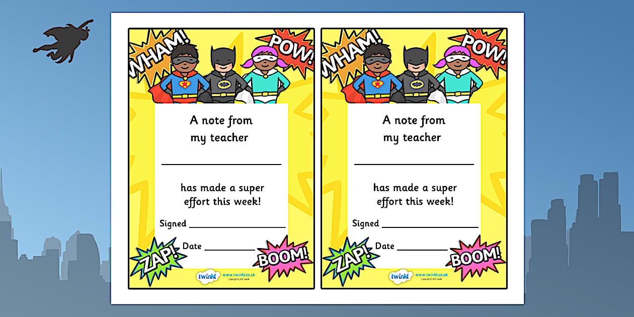 Editable Note From Teacher Brilliant Effort (Superhero Themed)