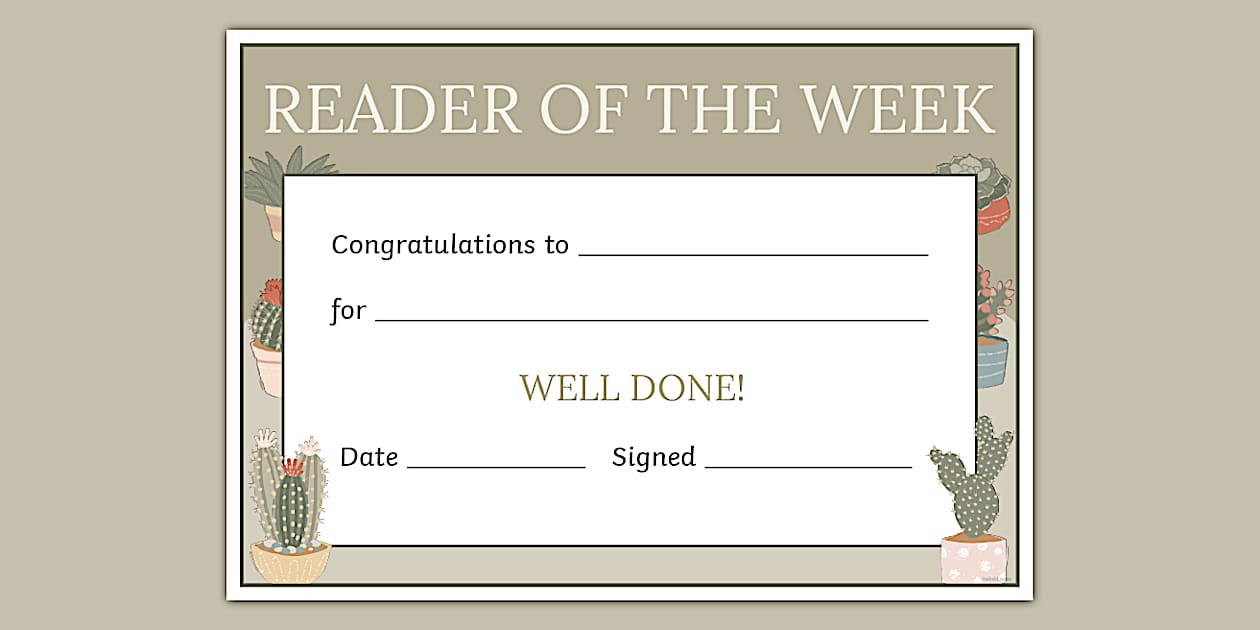 Succulents-Themed Reader of the Week Certificate - Twinkl