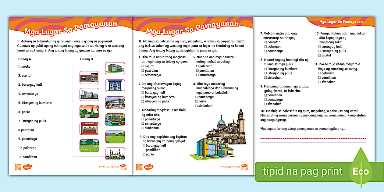 Mga Lugar Sa Pamayanan (Activity Sheet) | Preschool | Twinkl
